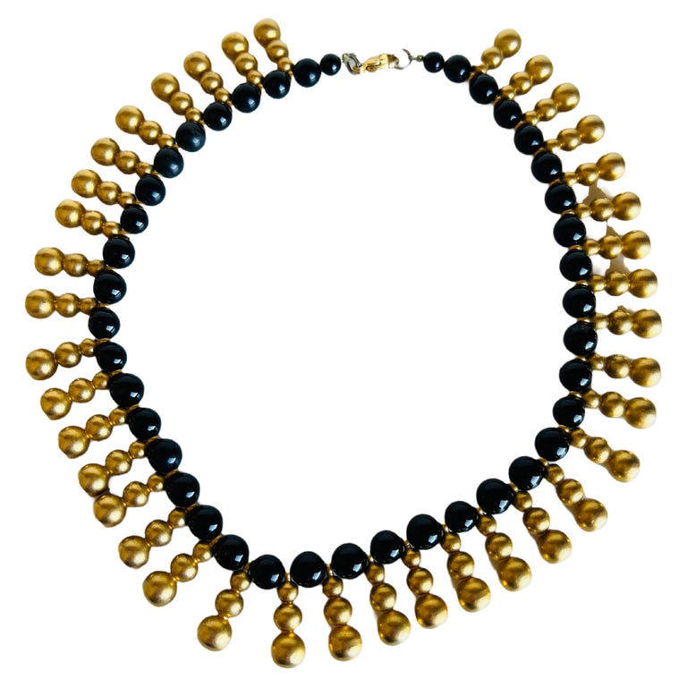 Heavy '184 grams' Egyptian Revival Beaded Black Gold Dangle Choker Bib ...