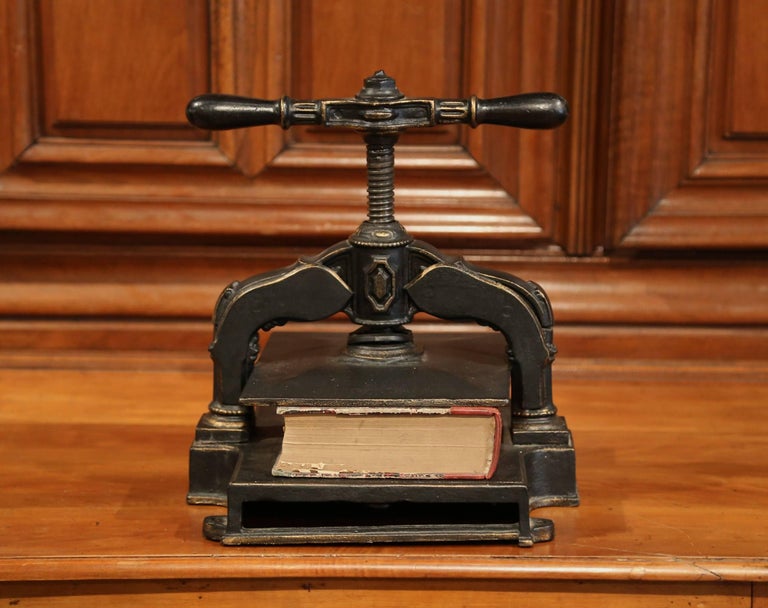 Heavy 19th Century French Black Wrought Iron Binding Press with Gilt ...