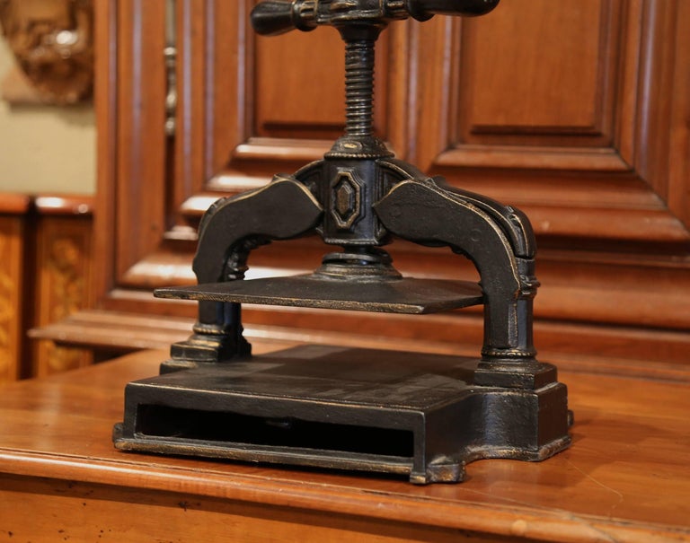Heavy 19th Century French Black Wrought Iron Binding Press with Gilt ...