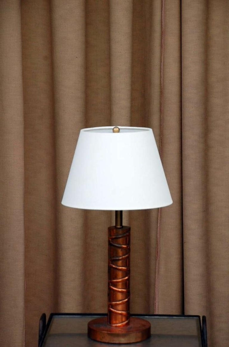 Heavy Copper Table Lamp with Custom Linen Shade For Sale at 1stDibs