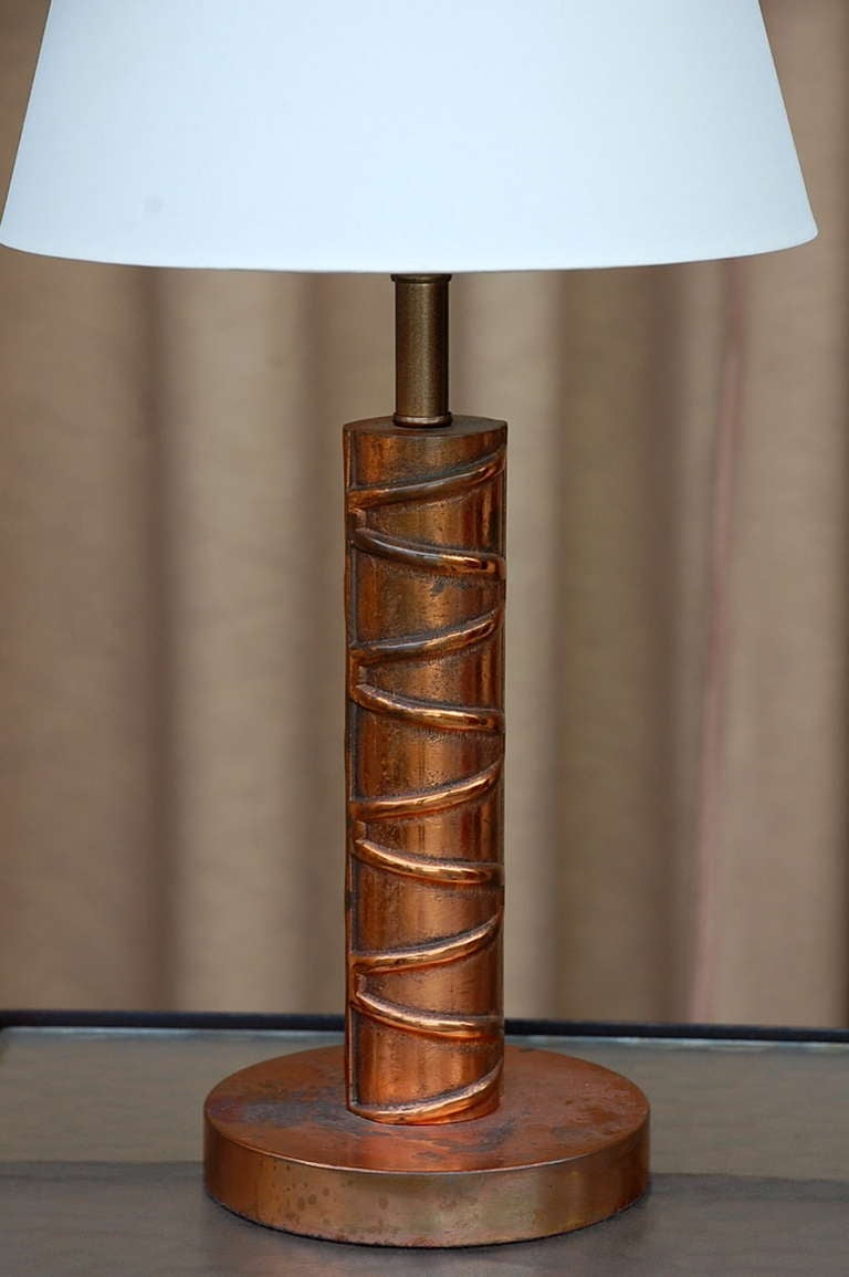 Heavy Copper Table Lamp with Custom Linen Shade For Sale at 1stDibs