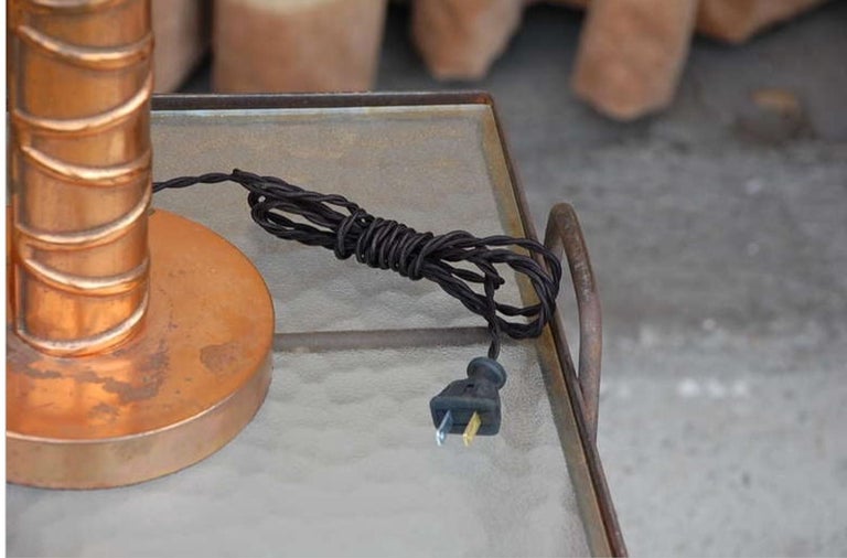 Heavy Copper Table Lamp with Custom Linen Shade For Sale at 1stDibs