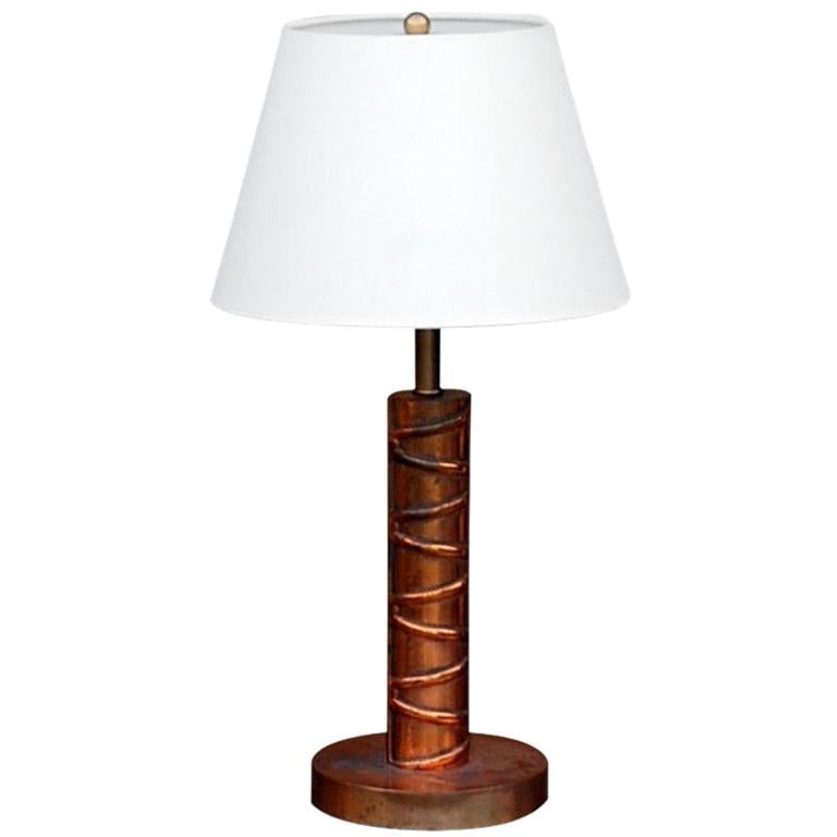 Heavy Copper Table Lamp with Custom Linen Shade For Sale at 1stDibs