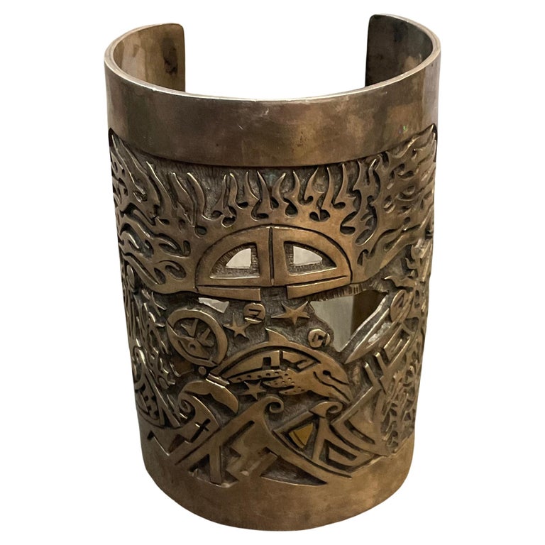 Heavy Hopi Overlay Solid Sterling Silver Detailed 4" Cuff Bracelet For ...