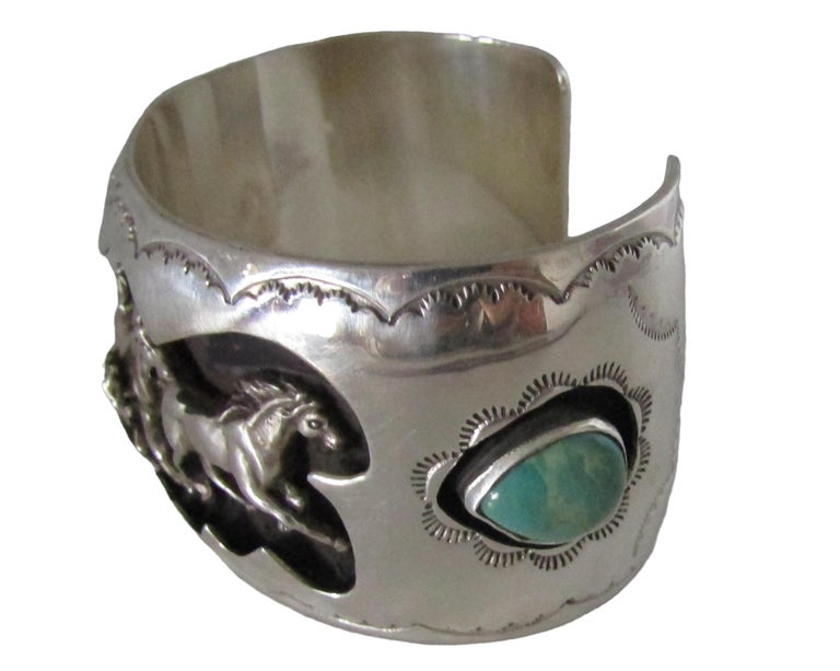 Heavy Navajo Tim Yazzie Turquoise Sterling Silver Horses Native Cuff ...