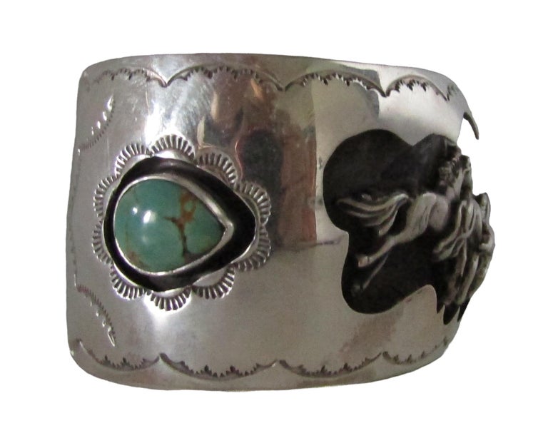 Heavy Navajo Tim Yazzie Turquoise Sterling Silver Horses Native Cuff ...