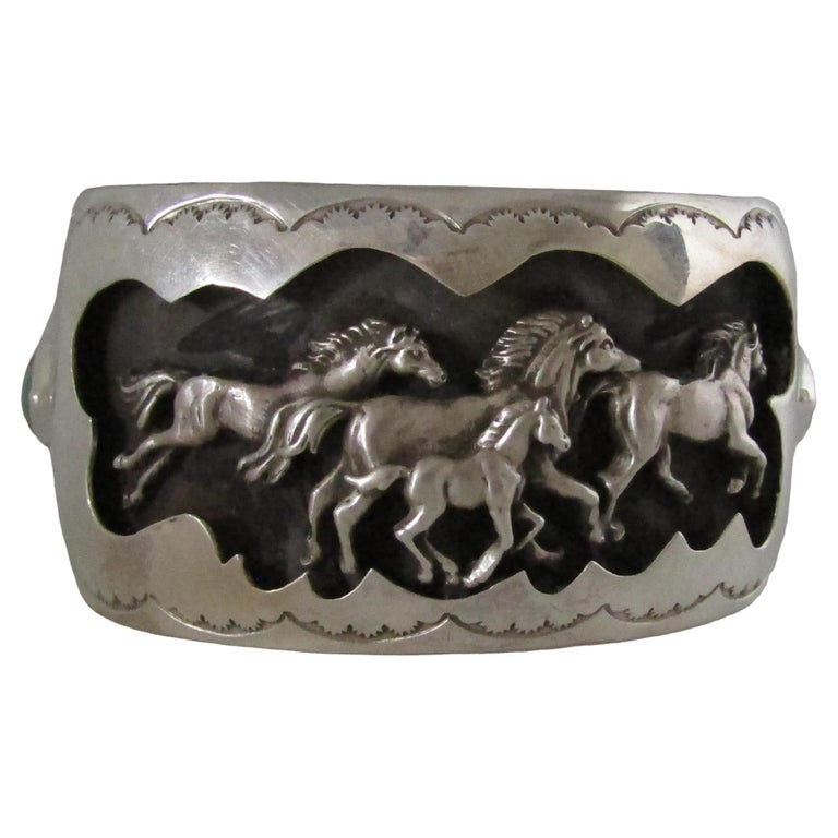 Heavy Navajo Tim Yazzie Turquoise Sterling Silver Horses Native Cuff ...