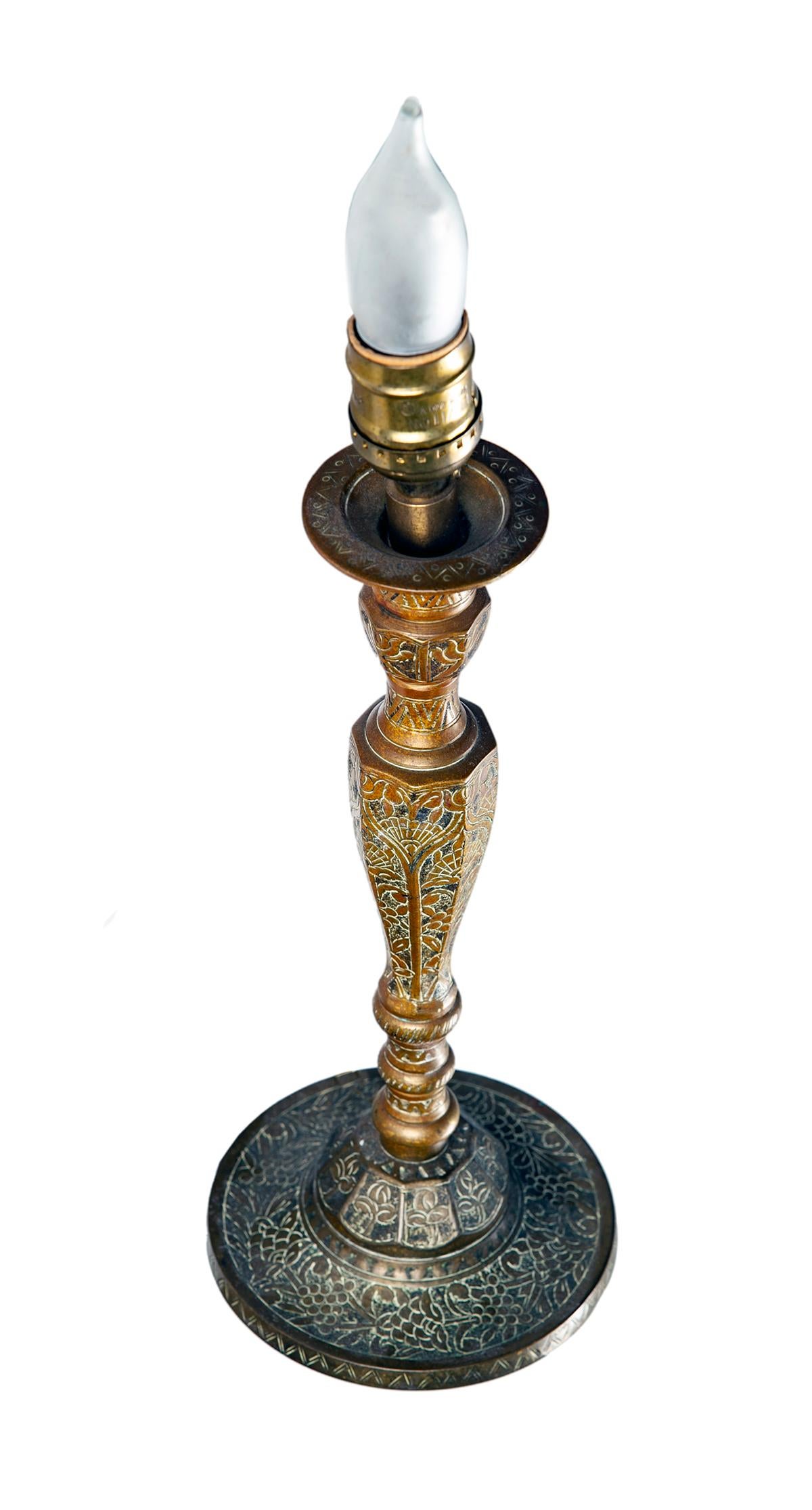 Heavy Engraved Brass Candlestick Lamp/ Silk Shade For Sale at 1stDibs