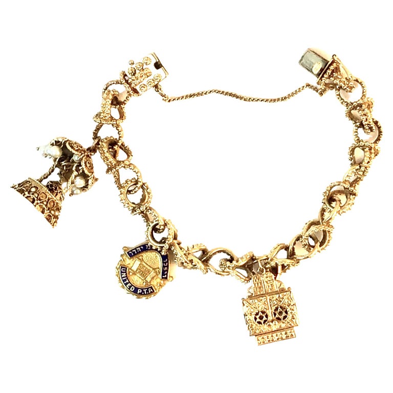 Heavy Solid 14k Gold Charm Bracelet with Charms For Sale at 1stDibs