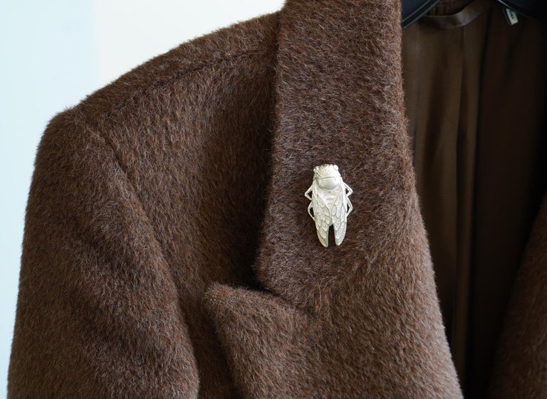 Heavy Sterling Silver Cicada Brooch Pin with Diamond Eyes at 1stDibs