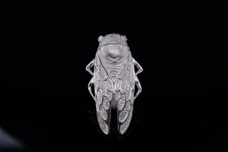 Heavy Sterling Silver Cicada Brooch Pin with Diamond Eyes at 1stDibs