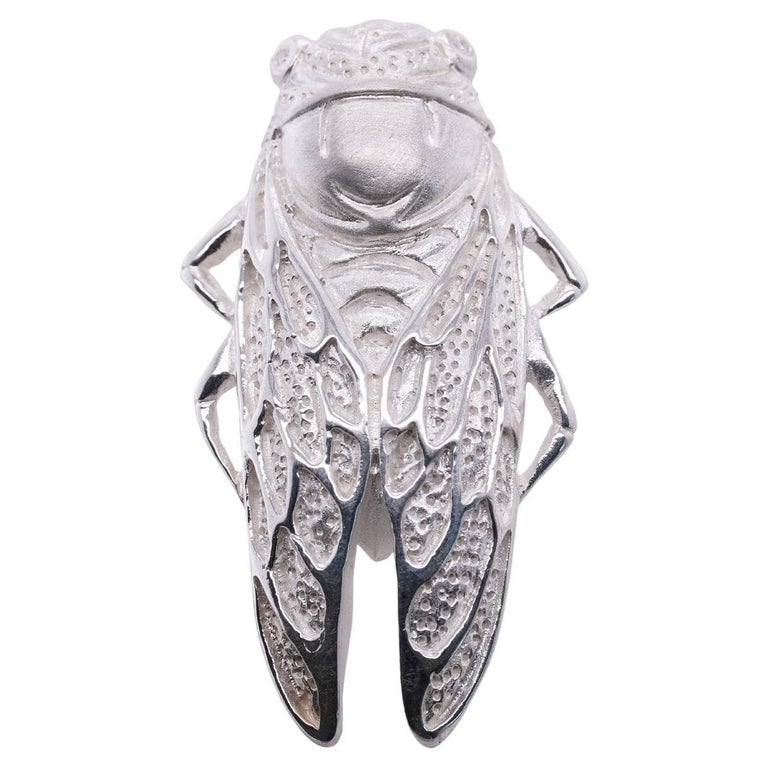 Heavy Sterling Silver Cicada Brooch Pin with Diamond Eyes at 1stDibs