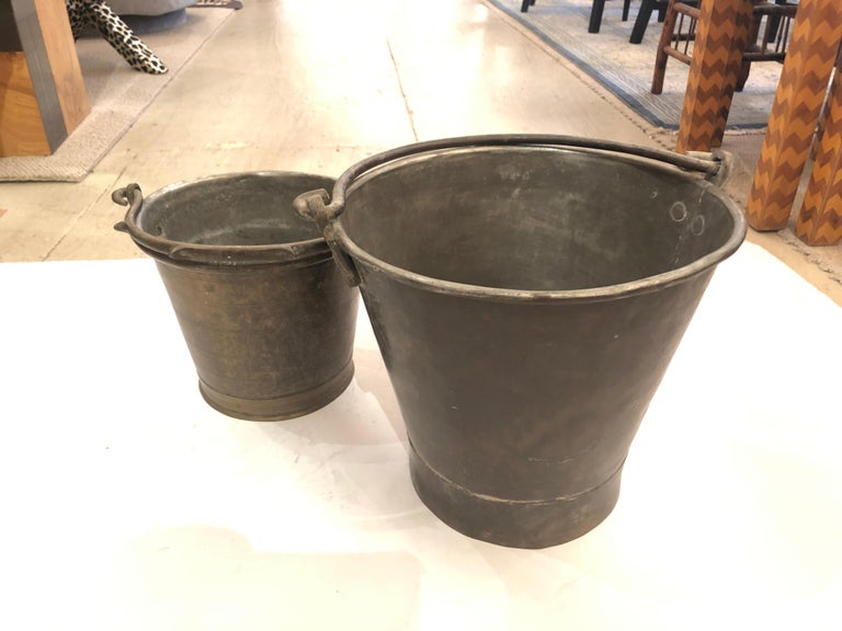 Heavy Tarnished Brass Pair of Old Buckets or Pails at 1stDibs