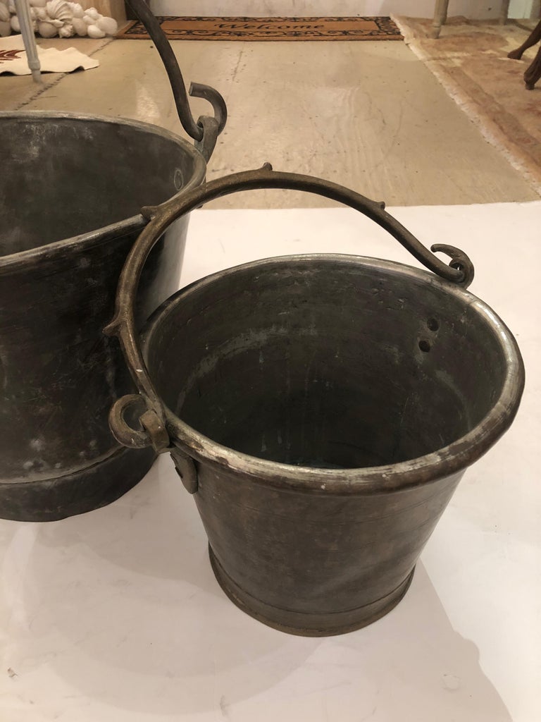 Heavy Tarnished Brass Pair of Old Buckets or Pails at 1stDibs