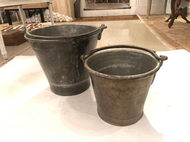 Heavy Tarnished Brass Pair of Old Buckets or Pails at 1stDibs