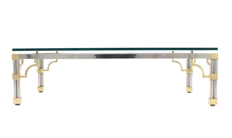 Heavy Thick Glass Brass and Chrome Coffee Table For Sale at 1stDibs