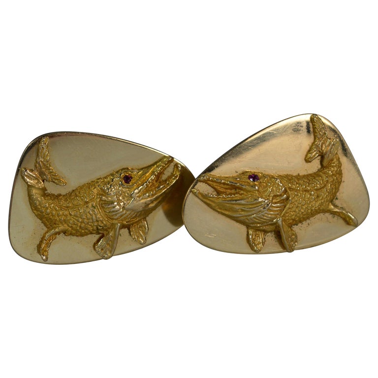 Heavy Tiffany and Co. 14 Carat Gold and Ruby Fish Cufflinks For Sale at ...