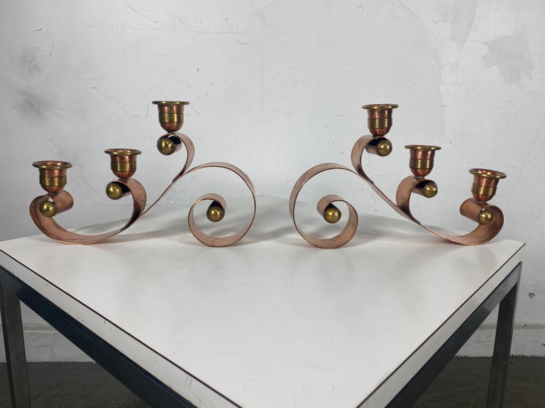 Hector Aguilar Copper Brass Scroll Candelabra, Taxco Mexico, Early 1940 ...