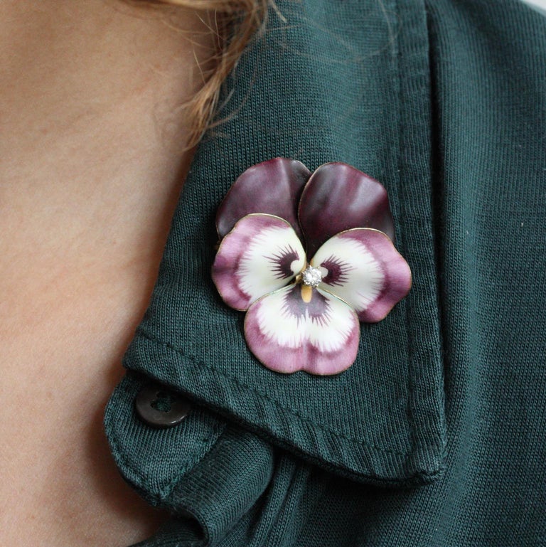 Hedges and Co. Gold and Enamel Pansy Brooch at 1stDibs
