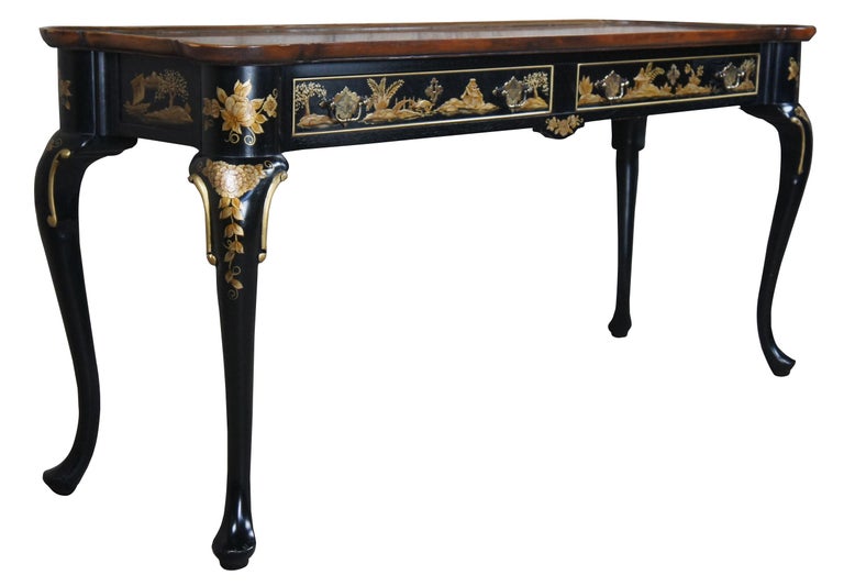Hekman Black Lacquer Chinoiserie Walnut Burl Console Hall Sofa Table ...