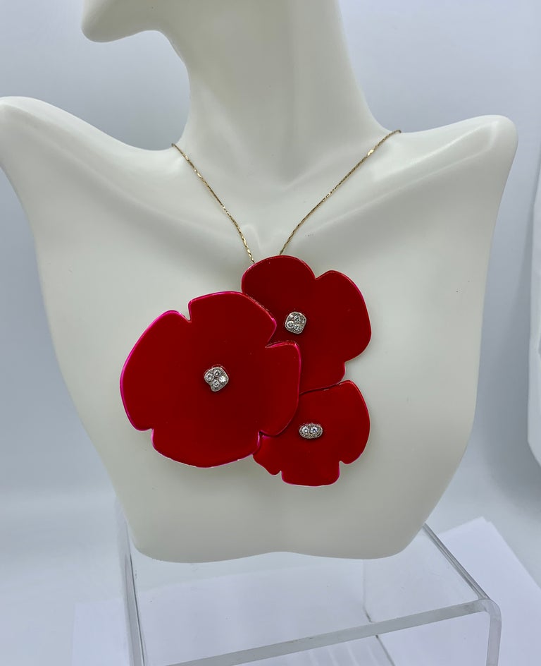 Helen Blythe-Hart Diamond Poppy Flower Pendant Brooch Necklace 14 Karat ...