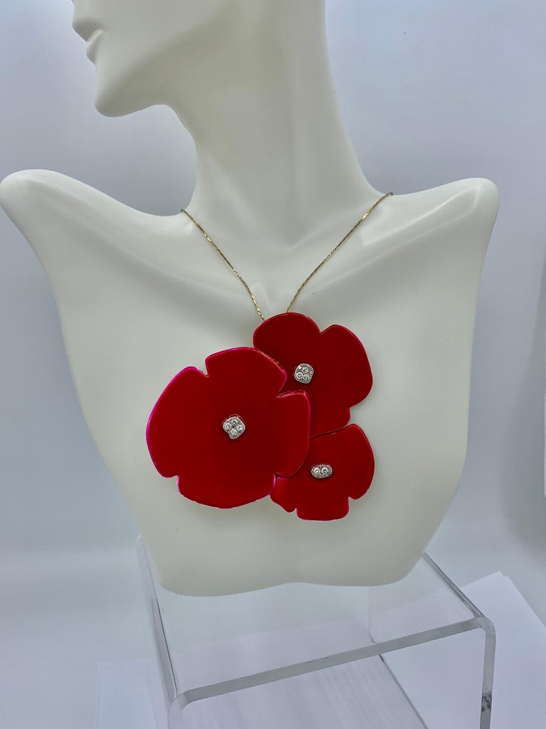 Helen Blythe-Hart Diamond Poppy Flower Pendant Brooch Necklace 14 Karat ...