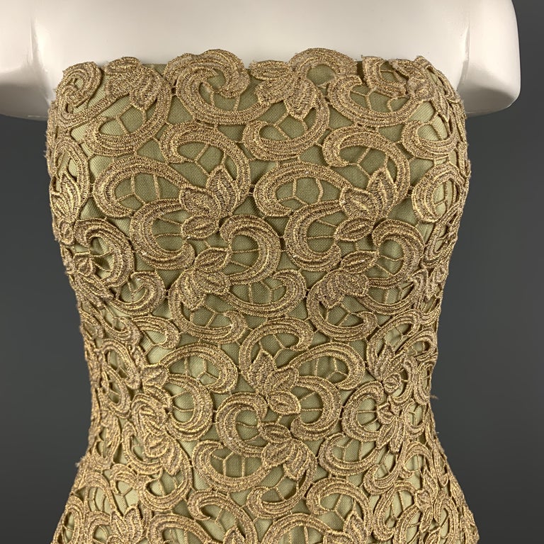 HELEN MORLEY Size 2 Light Green Tulle Overlay Gold Lace Strapless Gown ...