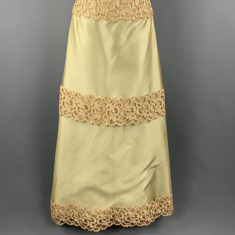 HELEN MORLEY Size 2 Light Green Tulle Overlay Gold Lace Strapless Gown ...