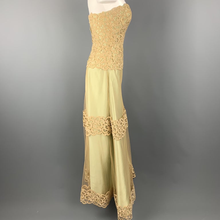 HELEN MORLEY Size 2 Light Green Tulle Overlay Gold Lace Strapless Gown ...
