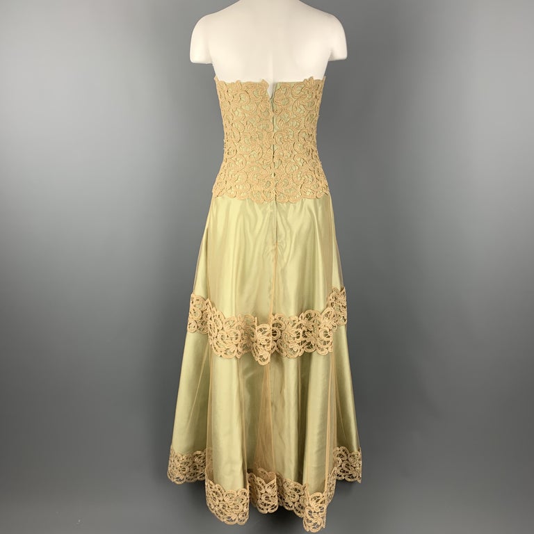 HELEN MORLEY Size 2 Light Green Tulle Overlay Gold Lace Strapless Gown ...