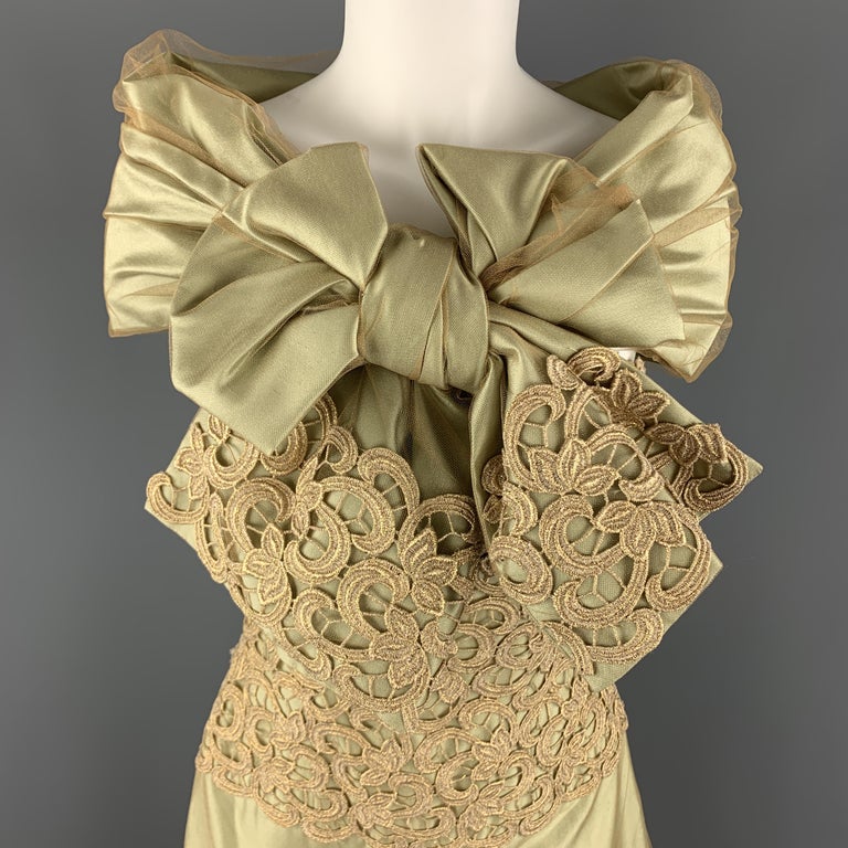 HELEN MORLEY Size 2 Light Green Tulle Overlay Gold Lace Strapless Gown ...