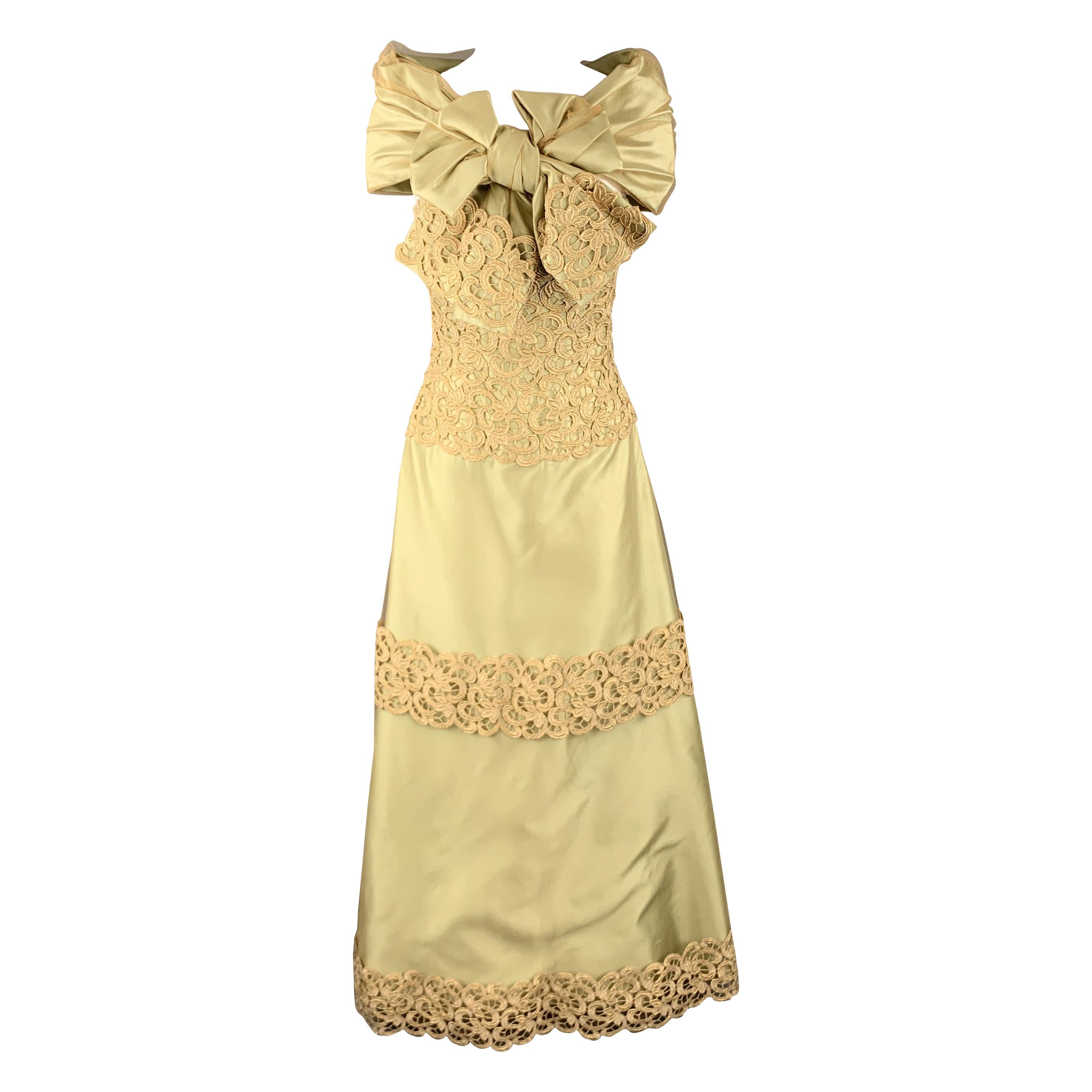 HELEN MORLEY Size 2 Light Green Tulle Overlay Gold Lace Strapless Gown ...