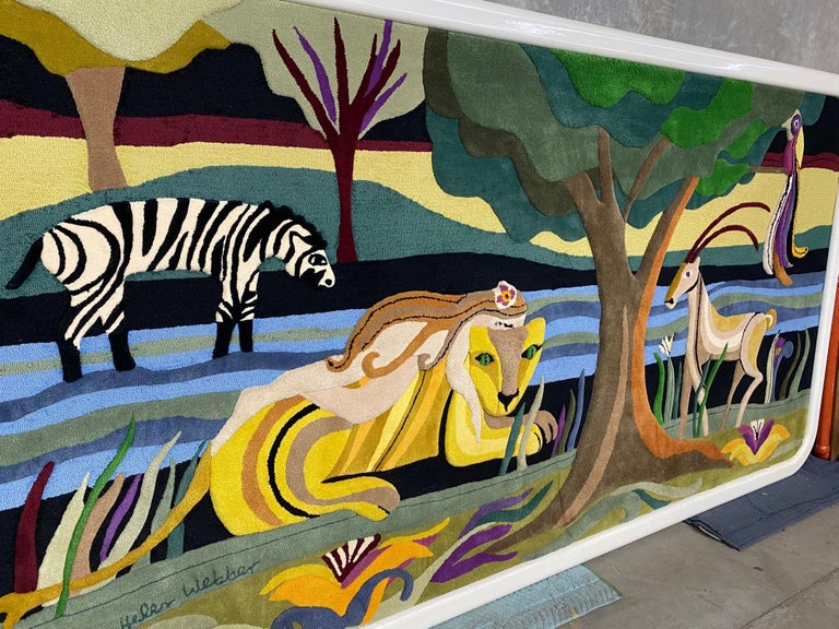 Helen Webber Signed Monumental Large Custom Framed Jungle Scene Woven ...