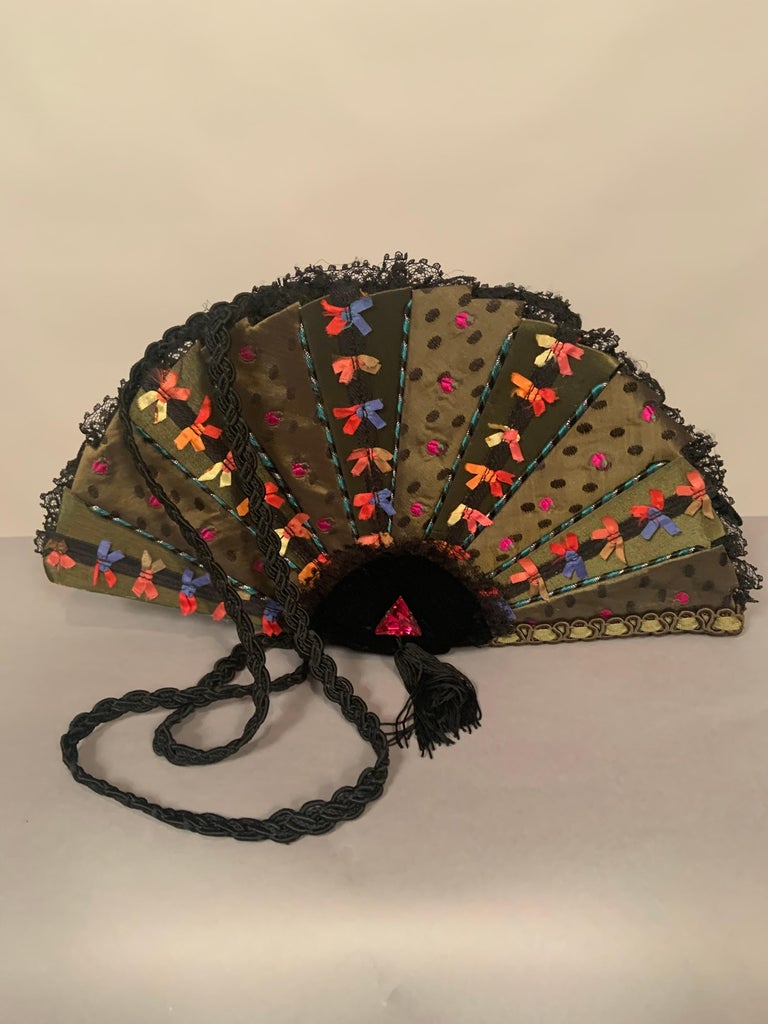 Helene Angeli "Fan" Shaped Evening Bag with Bows, Lace, Polka Dots and ...