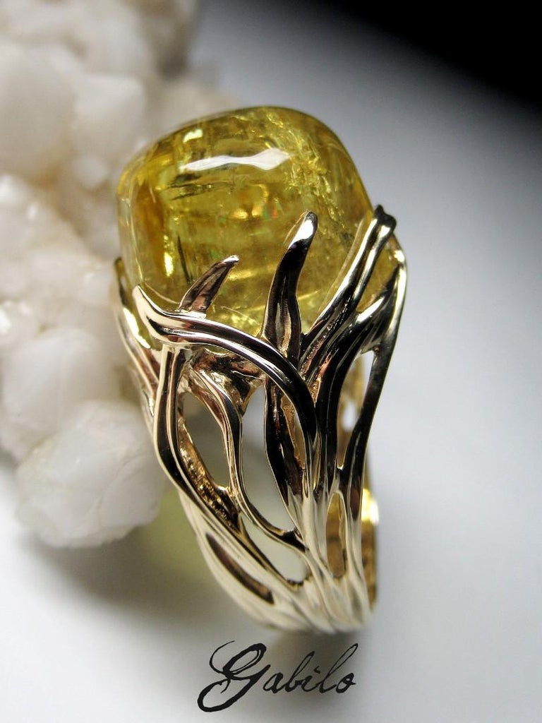 Heliodor Gold Ring Cabochon Beryl Translucent Dandelion Vivid Yellow ...