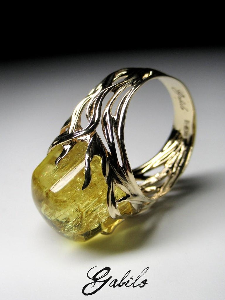 Heliodor Gold Ring Cabochon Beryl Translucent Dandelion Vivid Yellow ...