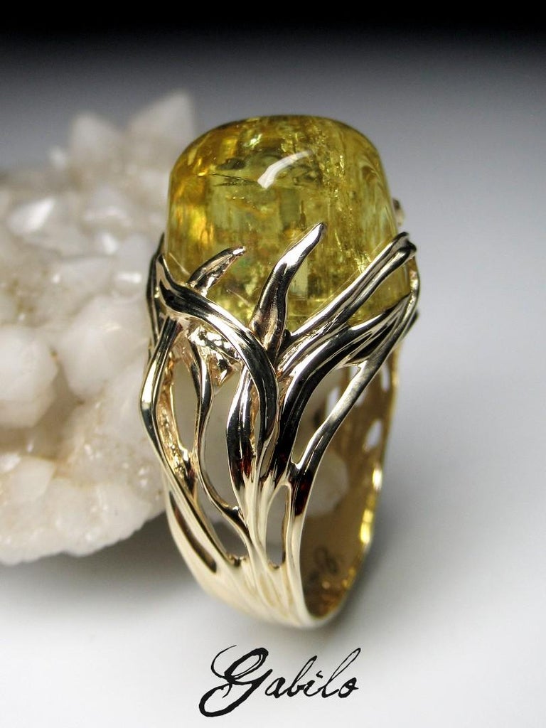 Heliodor Gold Ring Cabochon Beryl Translucent Dandelion Vivid Yellow ...