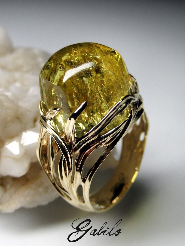 Heliodor Gold Ring Cabochon Beryl Translucent Dandelion Vivid Yellow ...