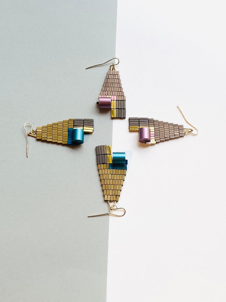 Hematite Aluminum Athena Hand Beaded Earrings For Sale at 1stDibs