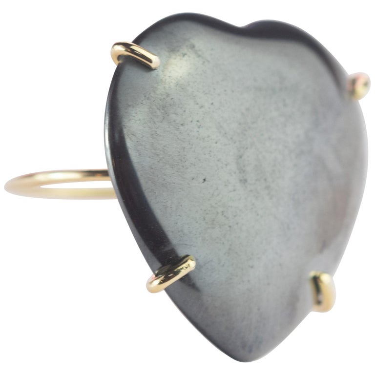 Hematite Heart 18 Karat Yellow Gold Boho Love Valentine's Day Cocktail Thin Ring For Sale at 1stDibs