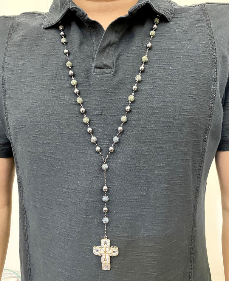 Hematite and Pave Diamond Ball Beaded Necklace With Cross Pendant In ...