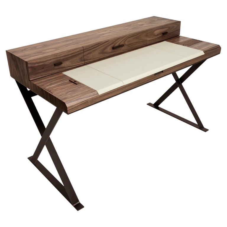 Hemingway Desk, Solid American Walnut Base, Leather Top, Lacquered Iron ...