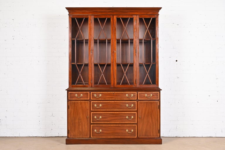 Henkel Harris Georgian Carved Mahogany Lit Breakfront Bookcase Cabinet ...