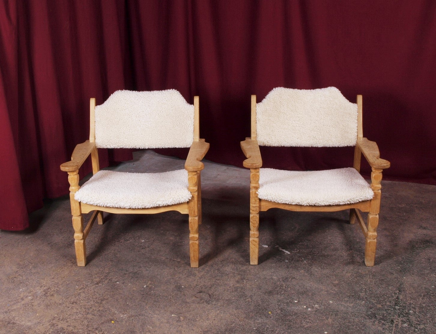Pair of Henning Kjaernulf "Razor Blade" Armchairs in Oak and Sheepskin ...