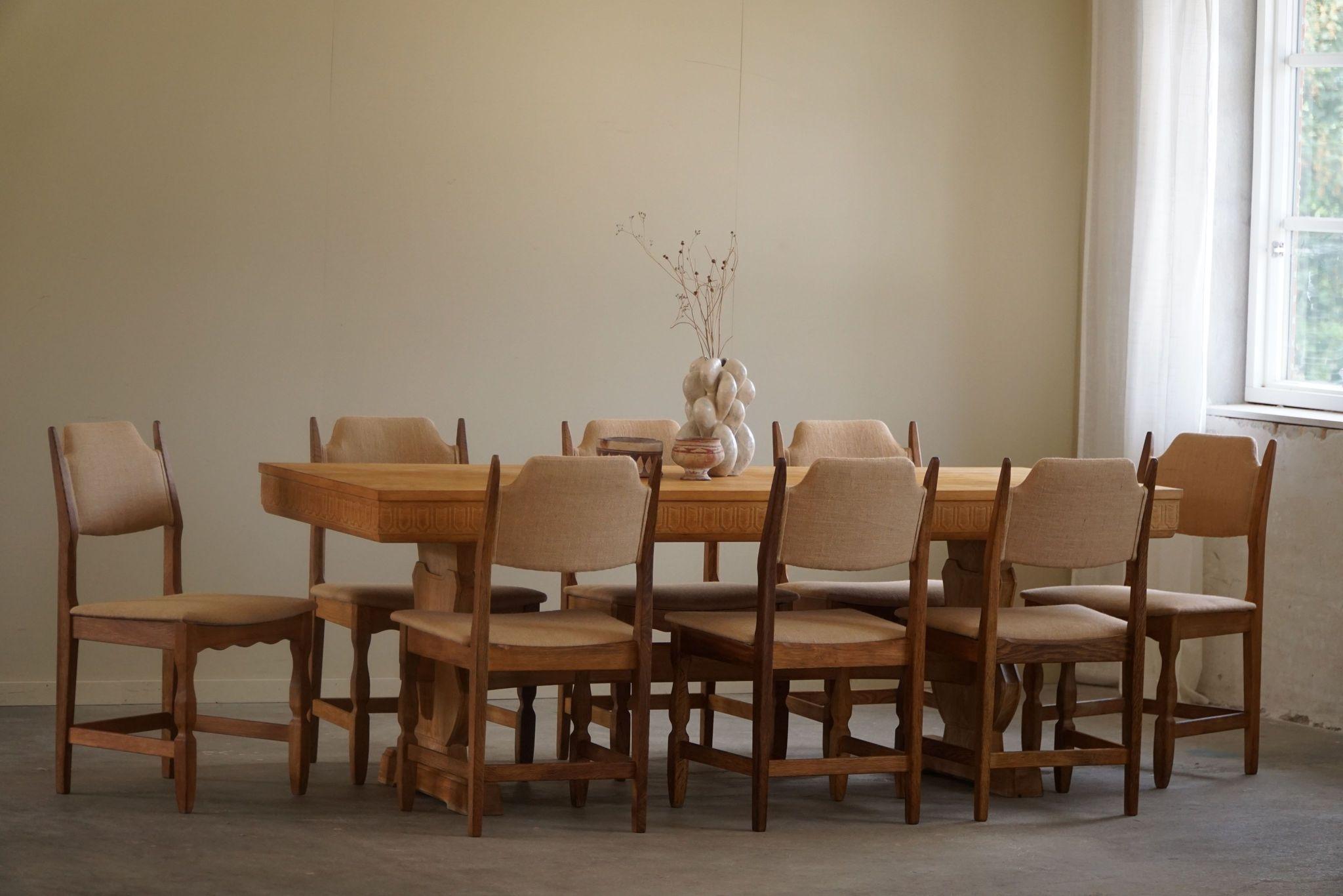 Henning Kjærnulf, Set of 8 Chairs, Oak and Hessian, Mid Century Modern ...