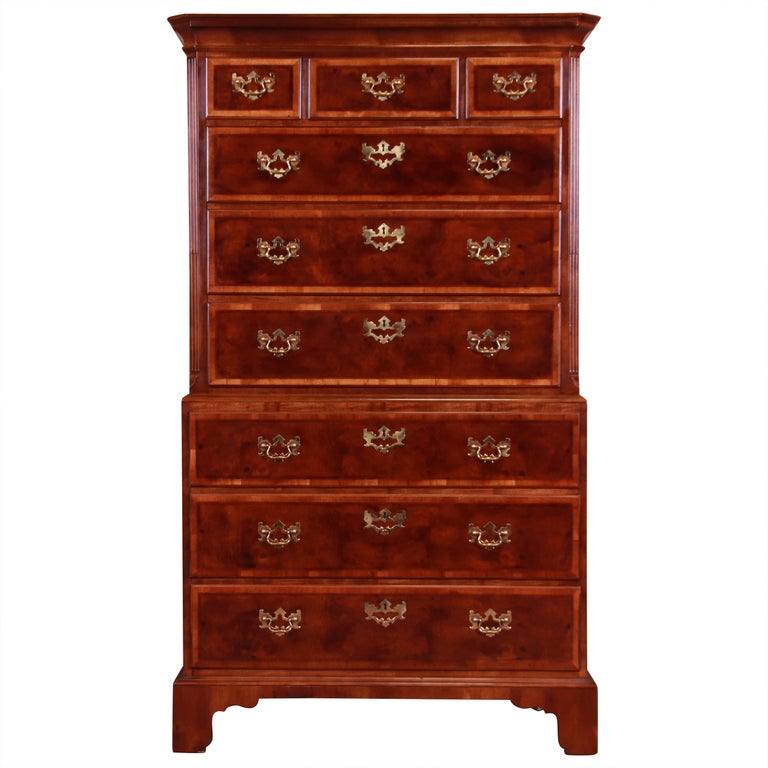 Henredon Chippendale Banded Mahogany and Burl Wood Highboy Dresser at ...