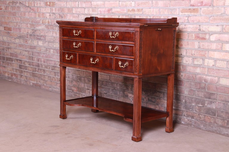 Henredon Chippendale Carved Mahogany and Burl Wood Flip Top Dry Bar ...