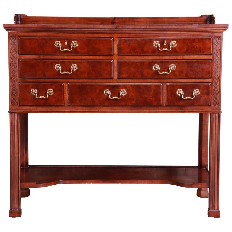 Henredon Chippendale Carved Mahogany and Burl Wood Flip Top Dry Bar ...