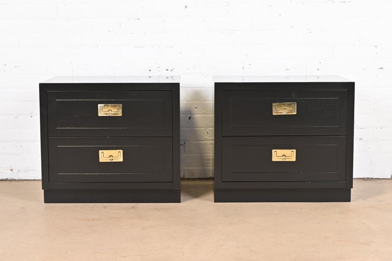 Henredon Hollywood Regency Black Lacquered Campaign Nightstands ...