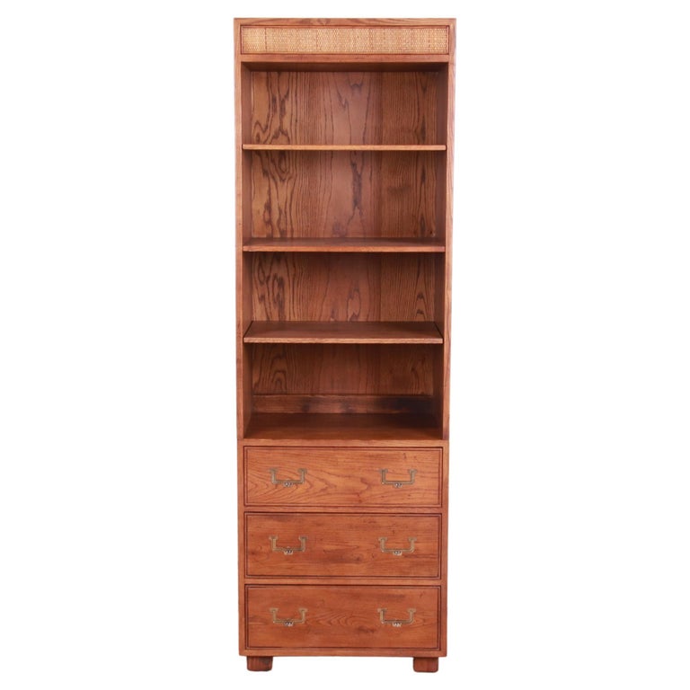 Henredon Mid-Century Modern Campaign Oak and Cane Bookcase on Chest For ...